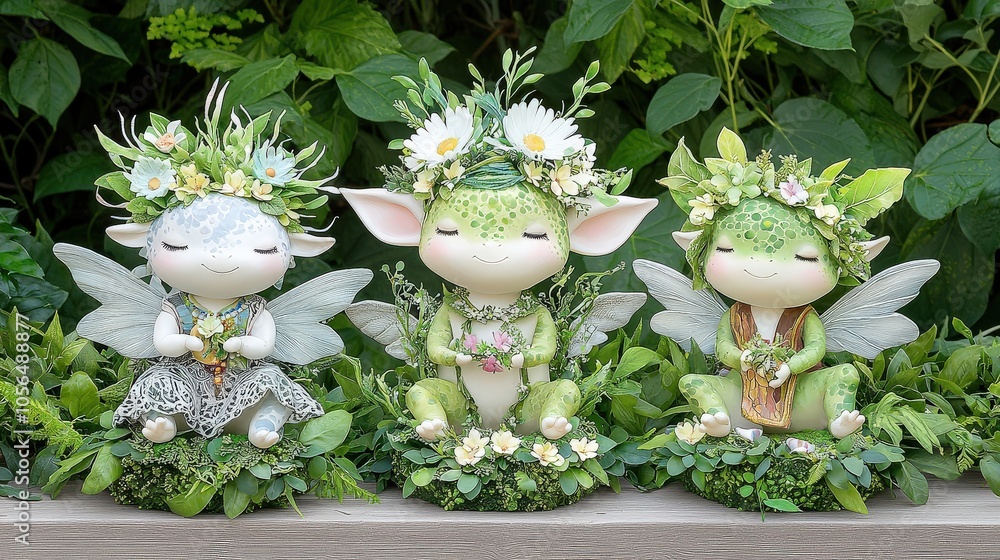 Soft sculptures of fairies and creatures in diverse traditional outfits ...