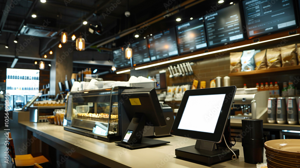 Contemporary coffee shop counter setup featuring digital point of sale ...