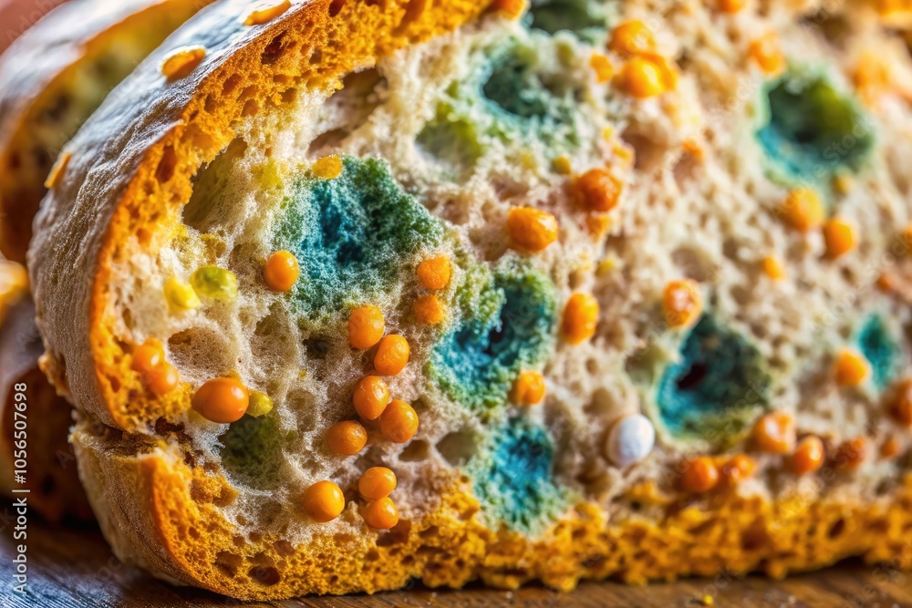 Zoomed-in image of mold growth on stale bread, emphasizing the unique ...