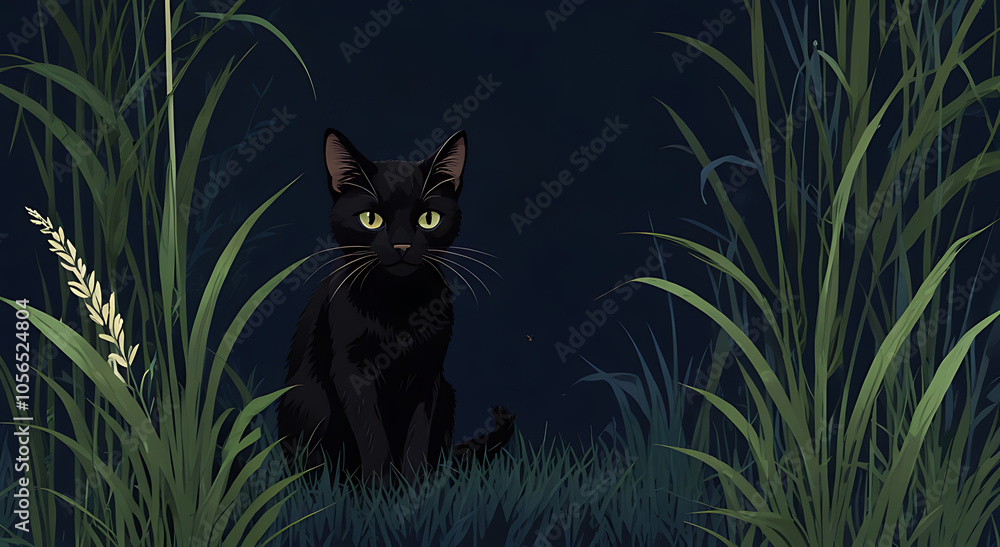 A tiny black cat with white whiskers peeking from tall, dark grass on a ...