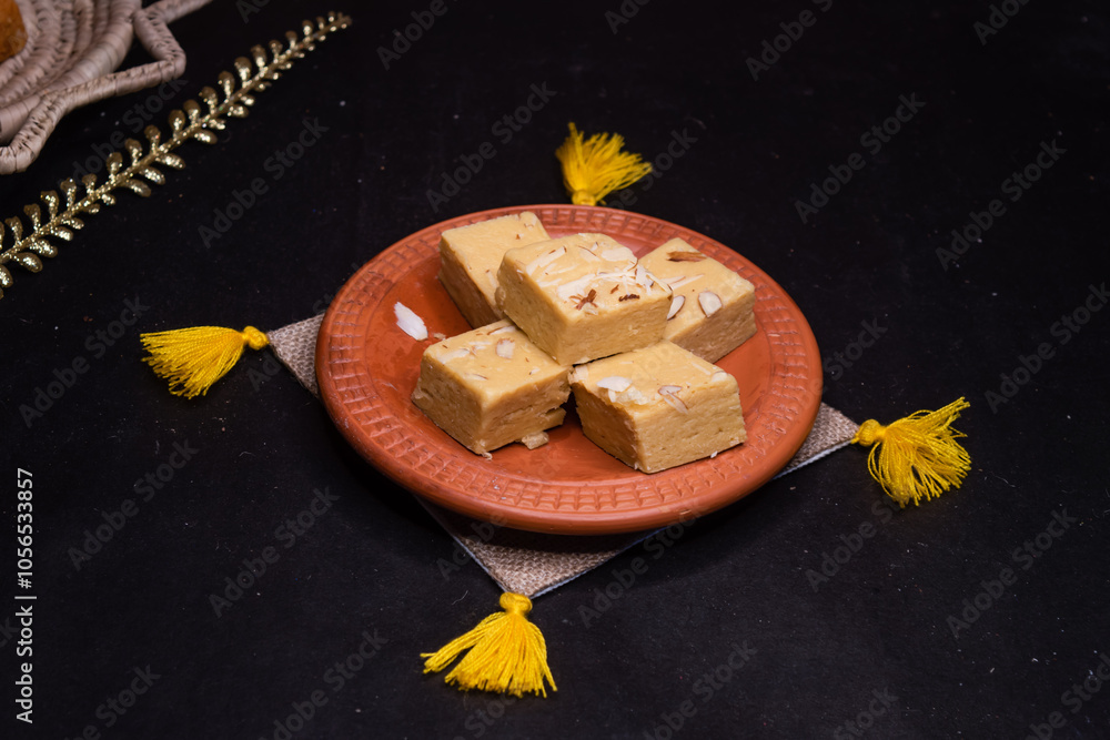 Besan Patisa or Beshon Paticha Barfi Mithai served in plate isolated on ...