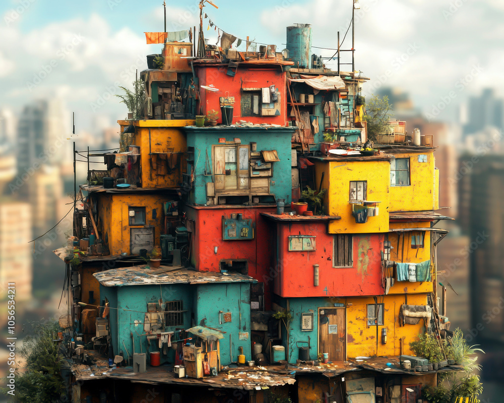 Vibrant stacked houses in a colorful urban landscape, showcasing ...