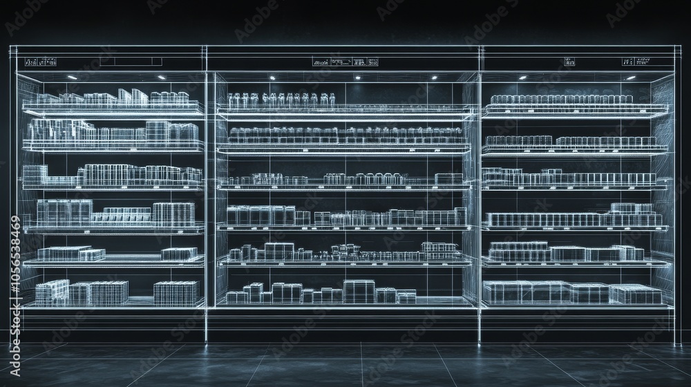 A detailed technical diagram of retail display setup, showing shelves ...
