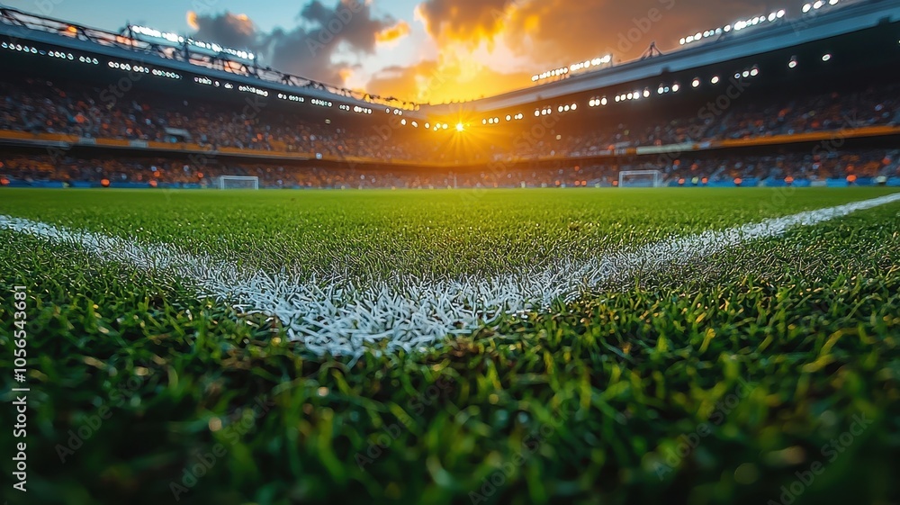 A vibrant sunset casts a golden glow over a football field ...