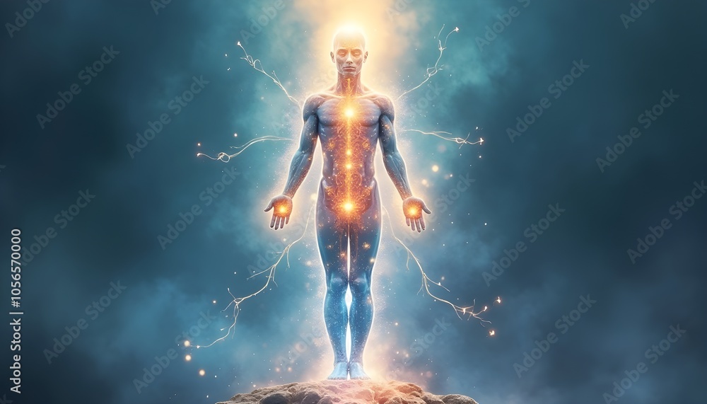 Human figure radiating energy meridians with glowing light and cosmic ...