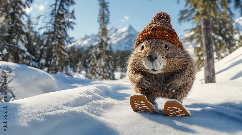 Snowshoeing. Cute beaver on a snowy adventure with snowshoes and a cozy ...