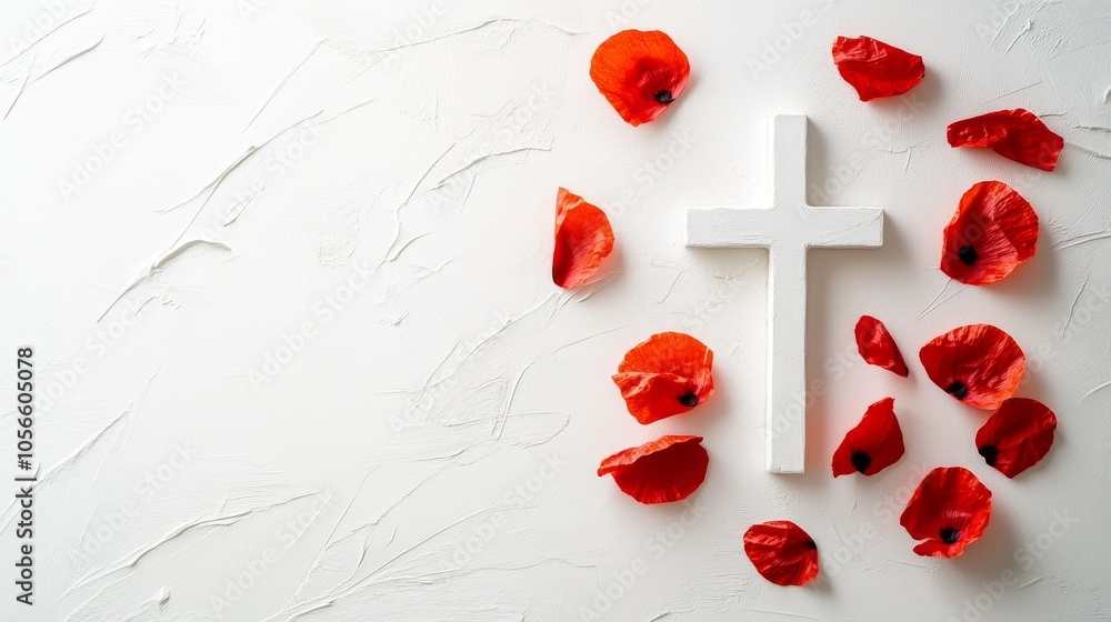 Simple white background with a remembrance cross and red poppy petals ...