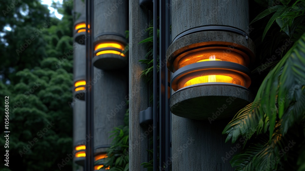 Ambient lighting fixtures mounted on concrete pillars, surrounded by ...