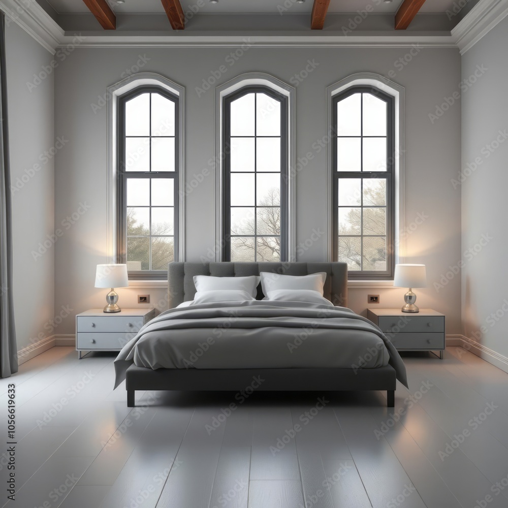 Side view of a master bedroom with a bed two bedside tables and three ...