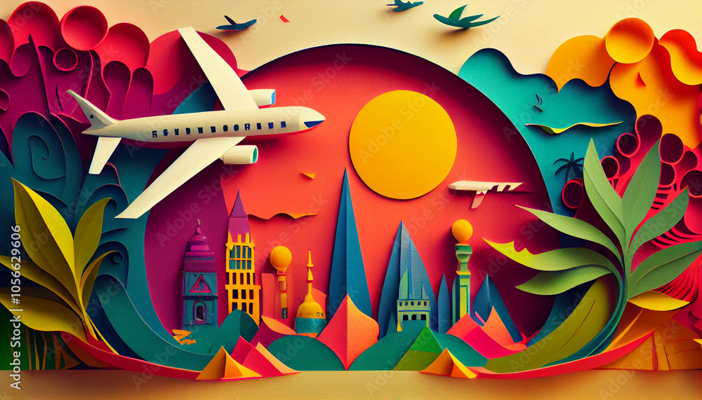 Vibrant Travel Collage: Paper art depicting a journey around the world ...