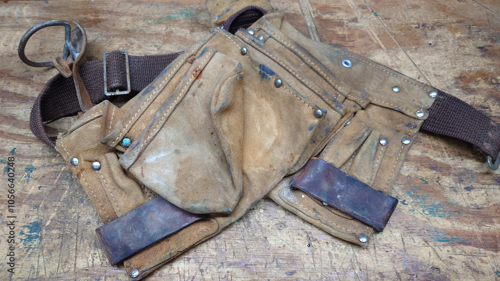 Very worn suede leather carpenter tool pouch belt shown on radial arm ...
