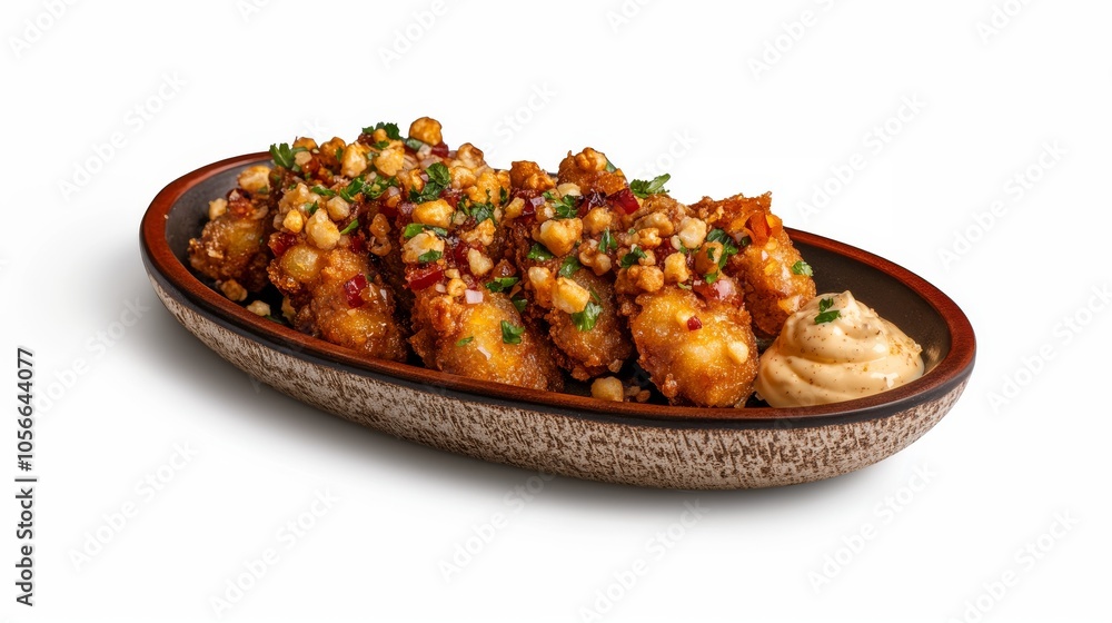 Trozos de pollo frito cubiertos con cacahuates y especias en un plato ...