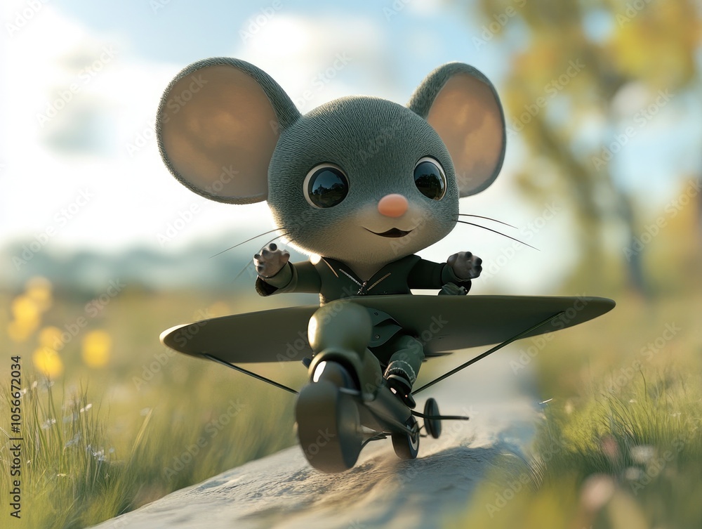 Cute Mouse Pilot Flying a Tiny Plane in a Grassy Field, Adorable ...