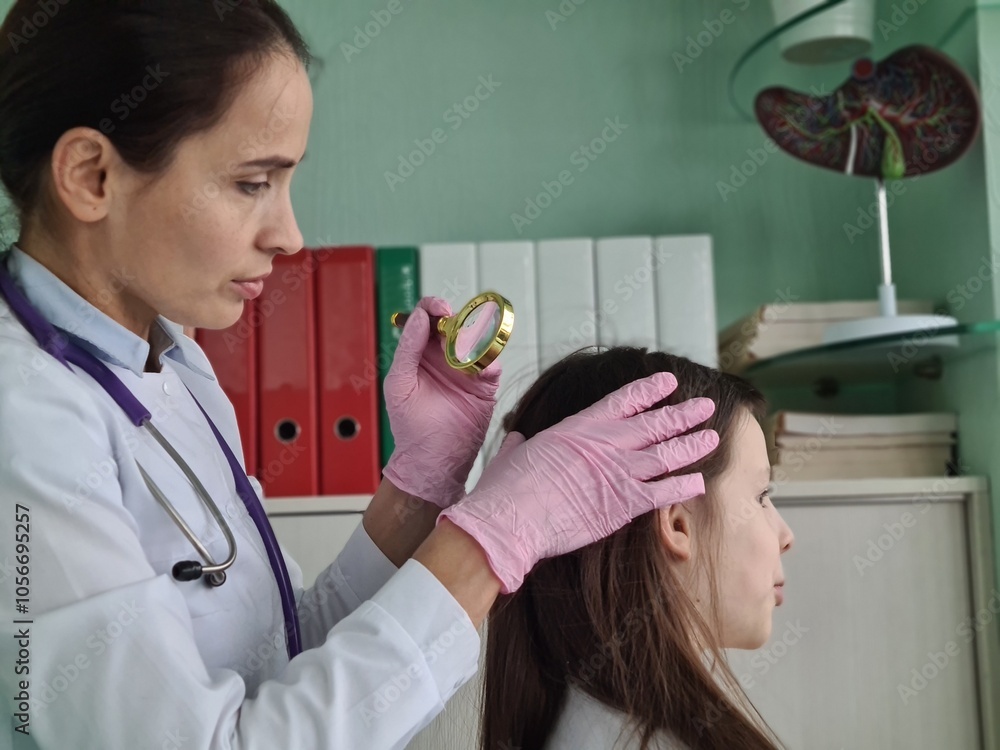 A pediatrician examines a young girl's scalp using a magnifying glass ...