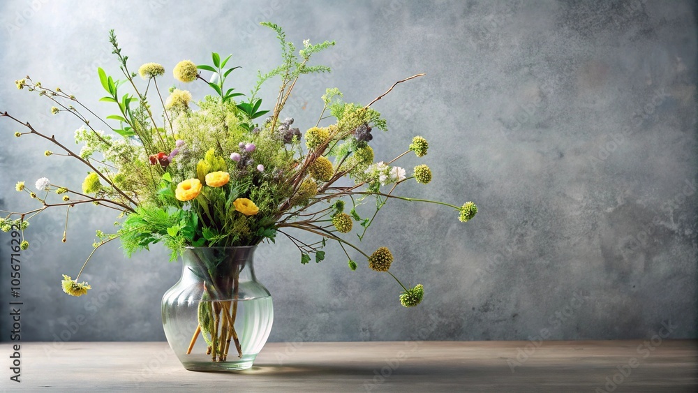 Sprint flowers in a vase with lush greenery and decorative twigs ...