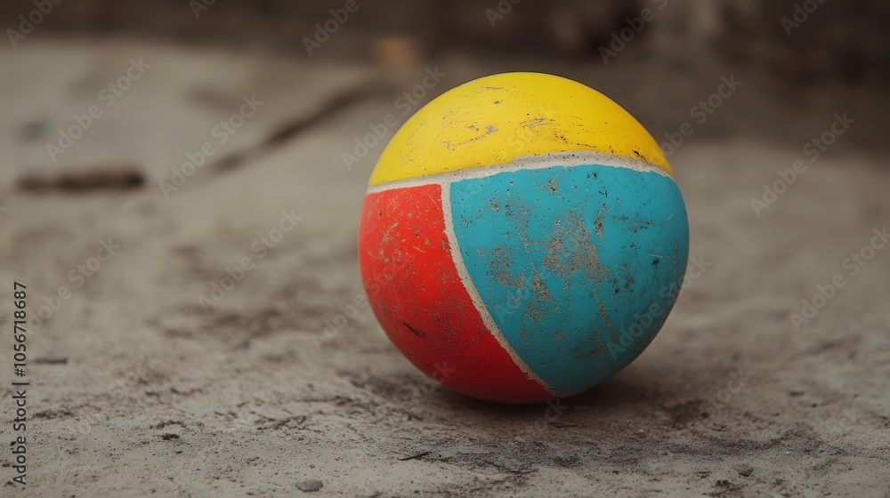 76. Close-up of a colorful rubber ball toy from the 90s, slightly worn ...