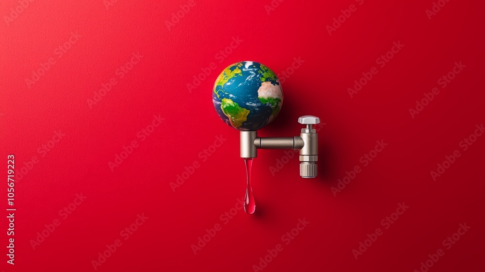 A globe representing planet Earth is attached to a faucet, with a ...
