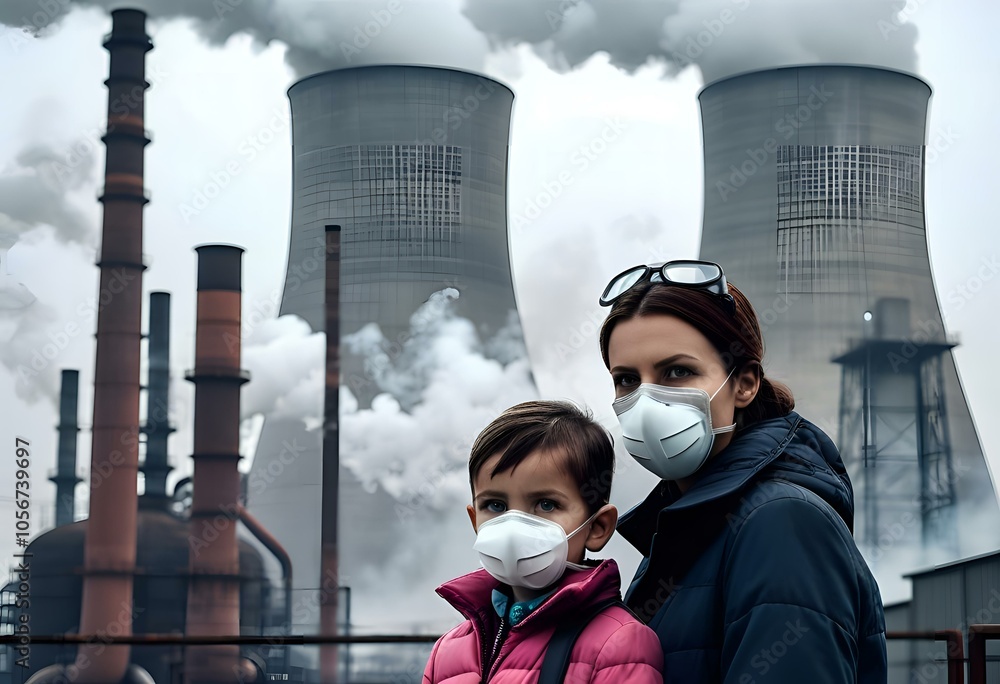Mother holding child in a gas mask standing near smoking industrial ...