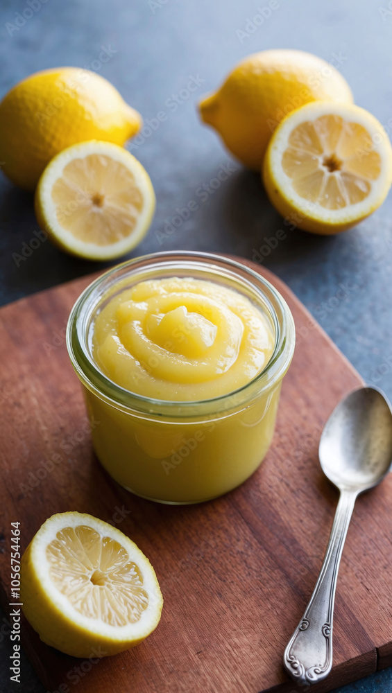 Organic lemon curd served in a small jar with fresh lemons on the side ...