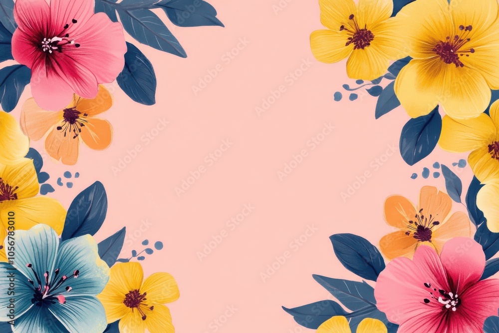 Vibrant flower frame in shades of pink, yellow, and blue with blank ...