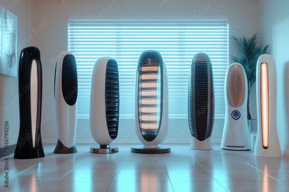 Various types of futuristic air heaters on floor of store background ...