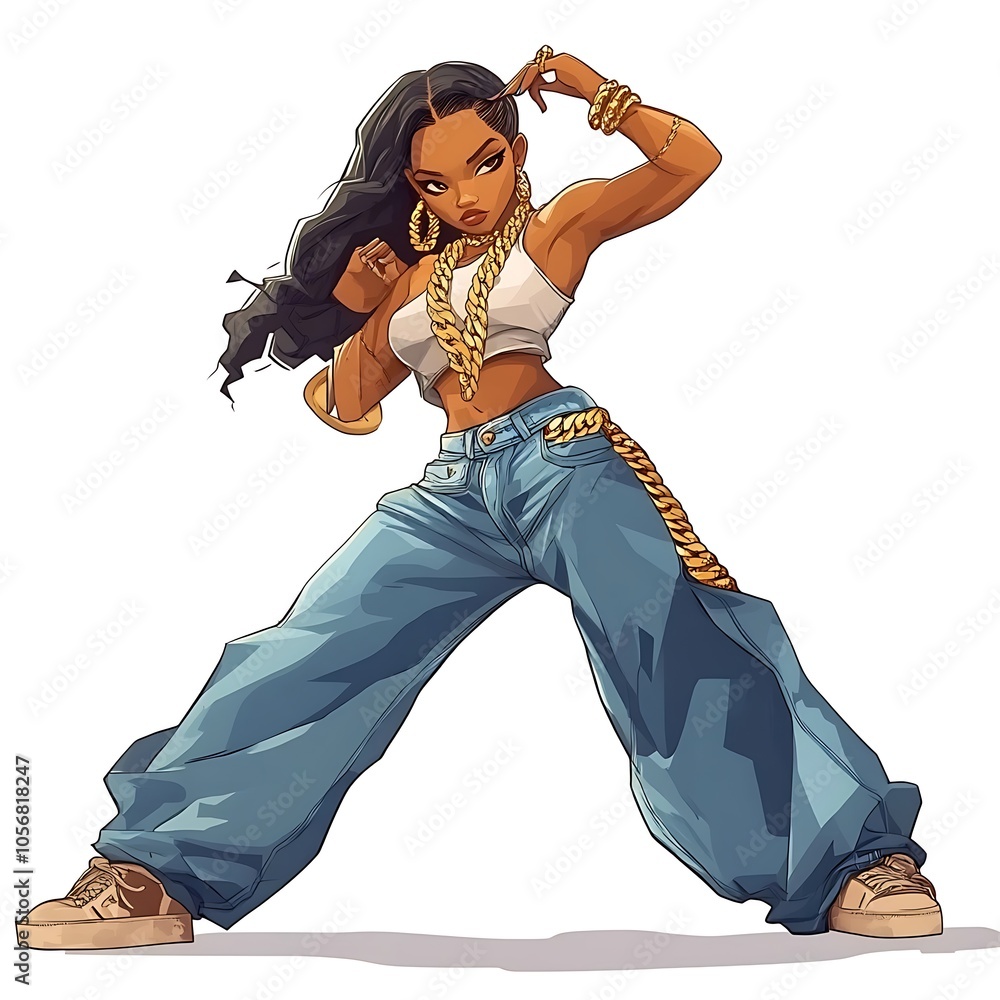 Cartoon hip-hop girl in a crop top, baggy jeans, and gold chain ...
