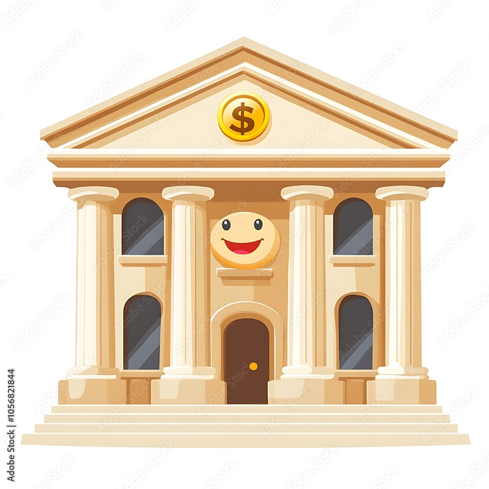 Cartoon bank building with columns and a smiling face on a white ...