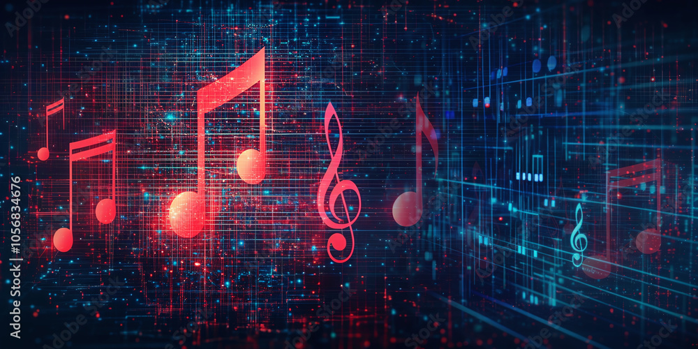 vibrant digital background featuring music notes in various sizes and ...