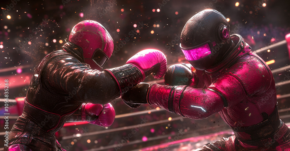 cyberpunk themed boxing match featuring two fighters in vibrant pink ...