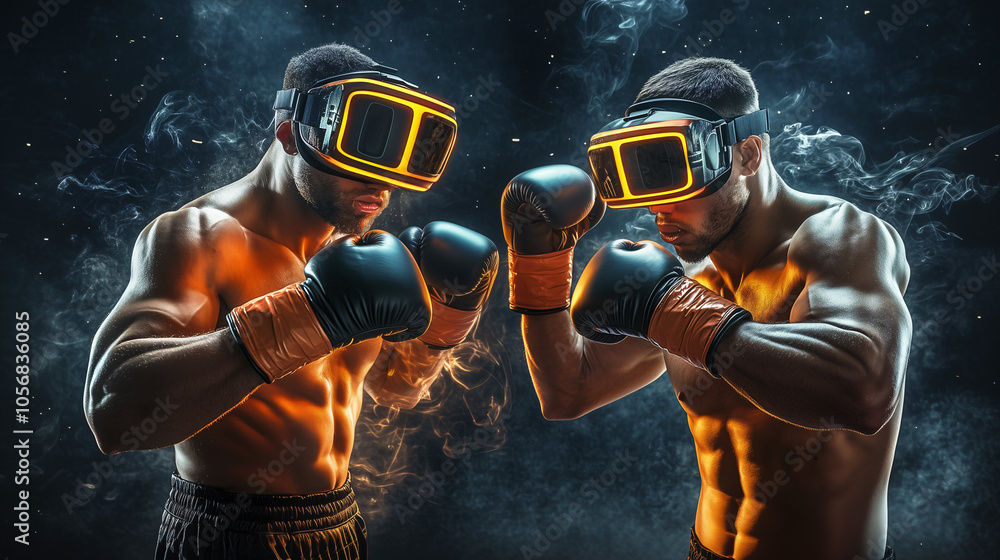 Virtual boxing match in holographic arena with two fighters wearing VR ...