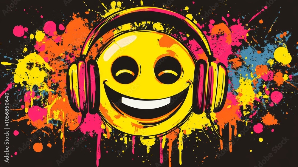 Smiling face emoji with headphones, enjoying music, audio, and ...