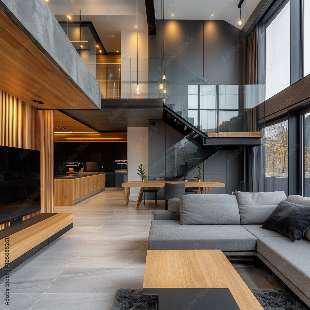 Foto de a house with loft design, modern interior design of a home with ...