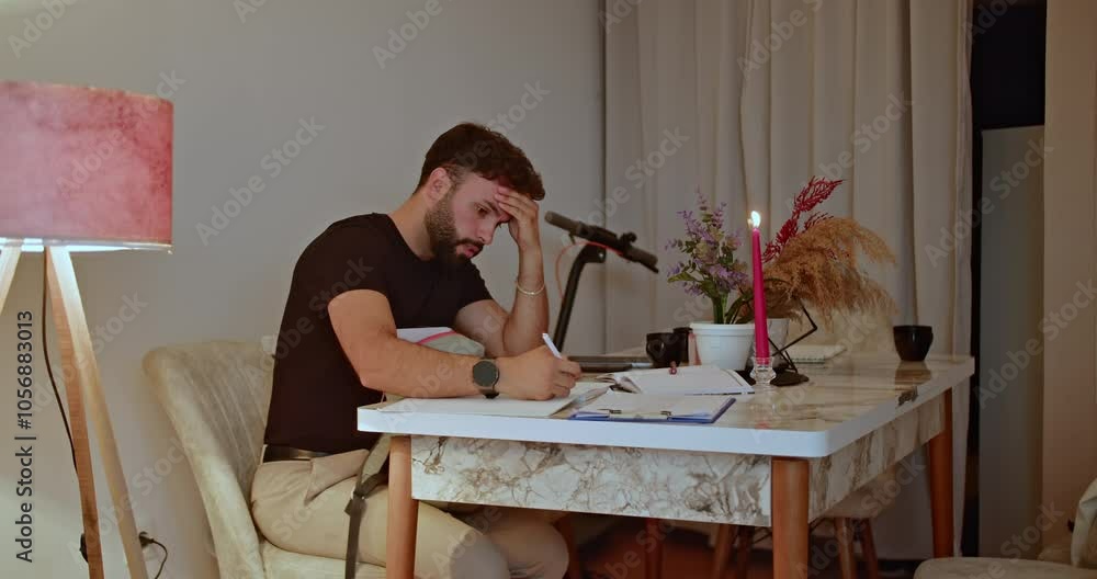 Focused student works late at night on a project, carefully reviewing ...