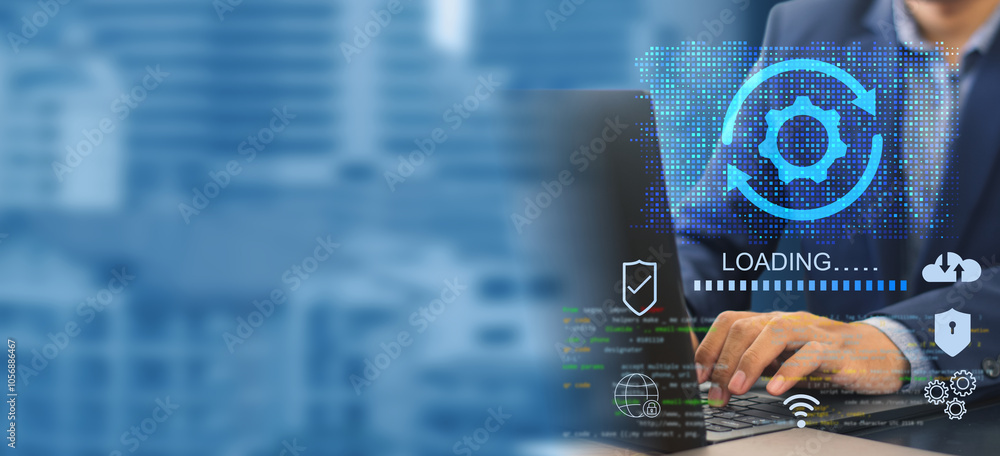 A business person updates software, installs an update process, and ...