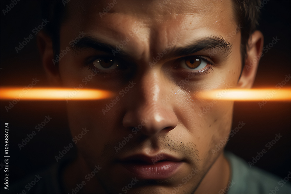 Intense Close-Up of Young Man Radiating Fiery Anger – Dramatic Lighting ...