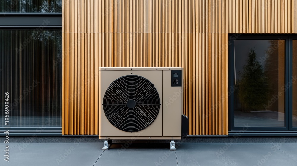 Outdoor air conditioning unit installed on a modern, wooden slat wall ...