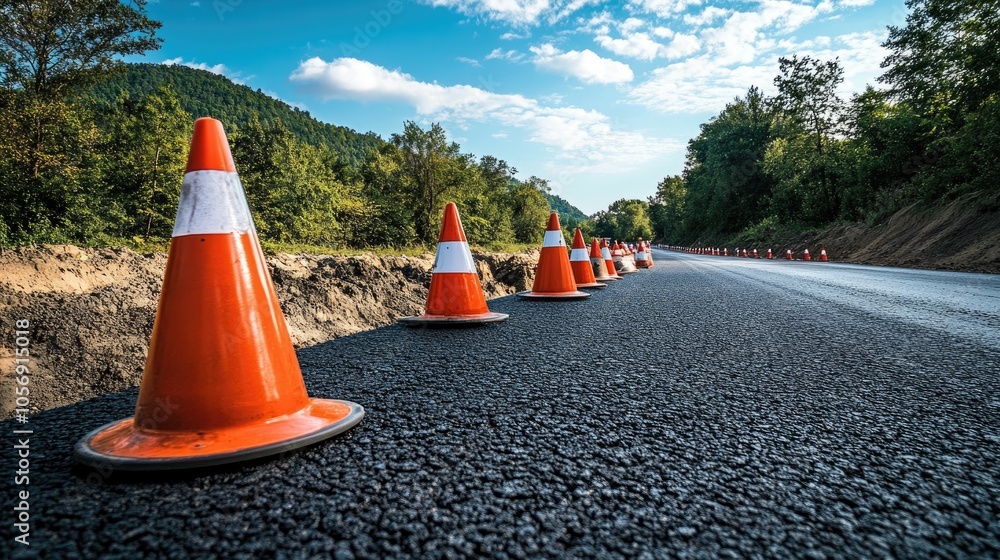 Traffic cones lined along a newly paved road in a rural area with ...