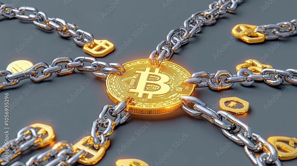 Breaking chains symbolizing crisis, surrounded by golden symbols of ...