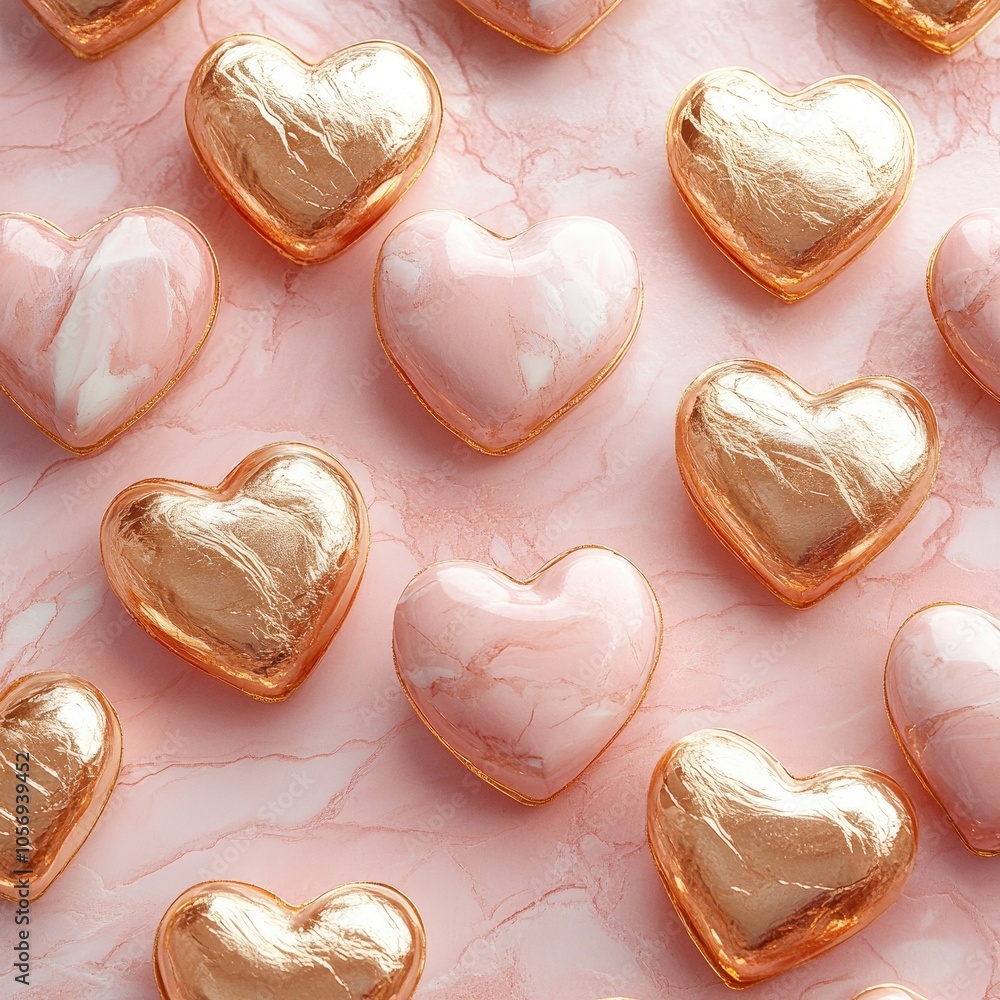 Rose gold hearts placed on a soft pink marble texture background Stock ...