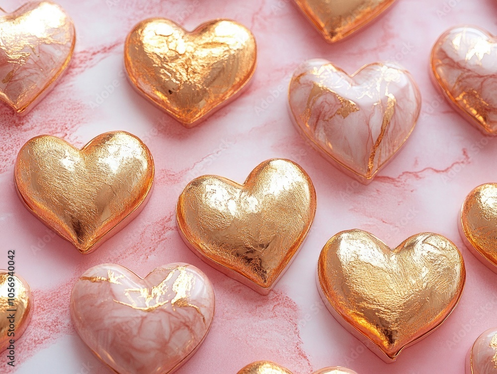 Rose gold hearts placed on a soft pink marble texture background Stock ...