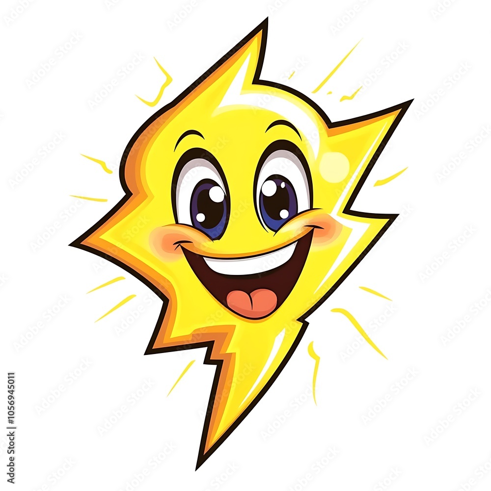 Cartoon happy lightning bolt with a smiley face on a white background ...