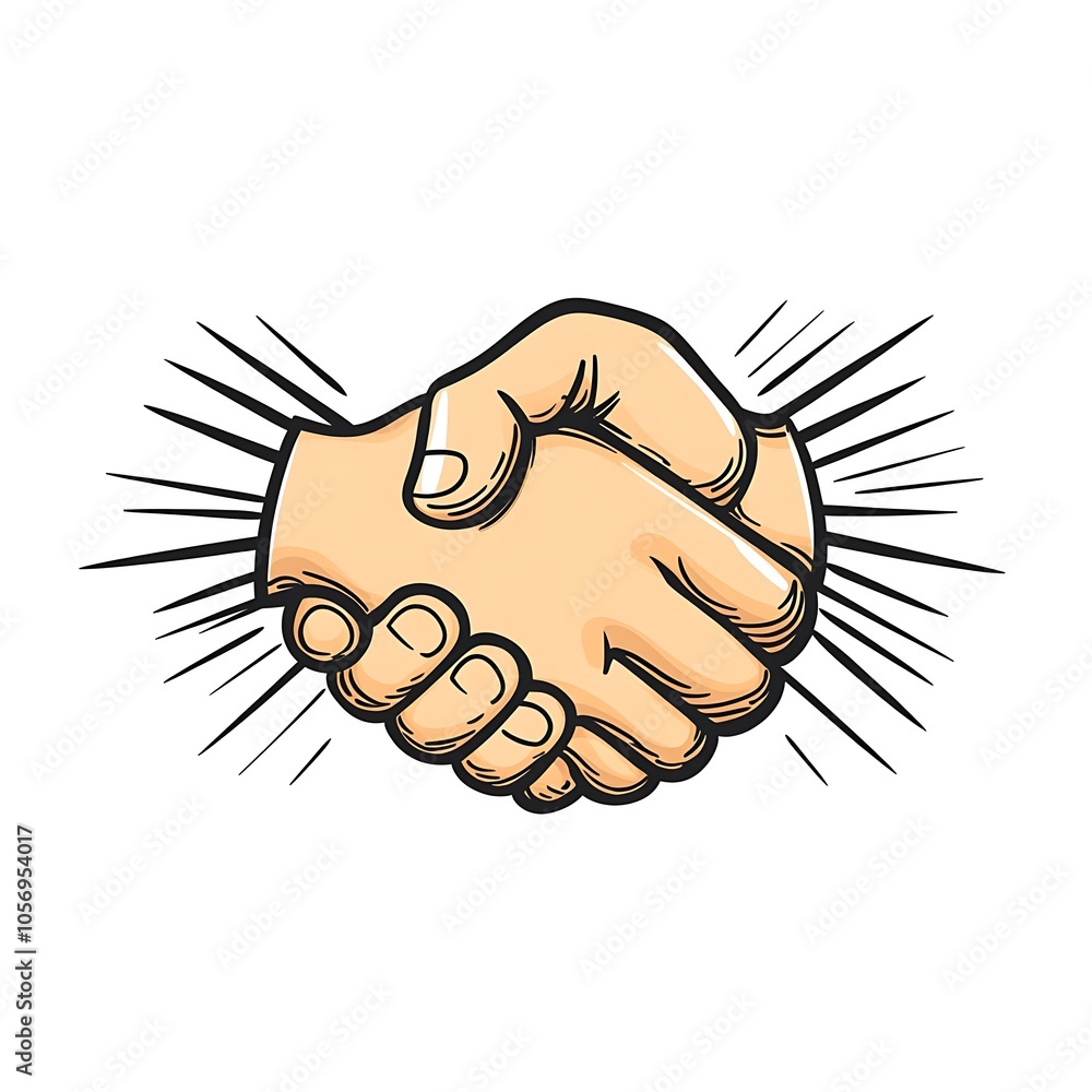 Cartoon handshake icon in hand-drawn comic style on a white background ...