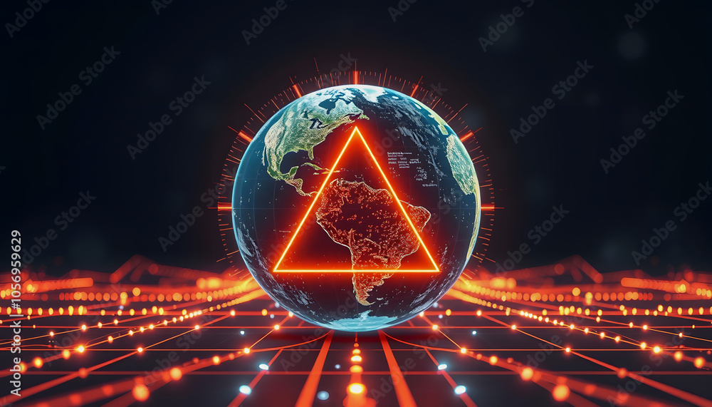 Tech Earth Globalization networking, orange line lights transmit data ...