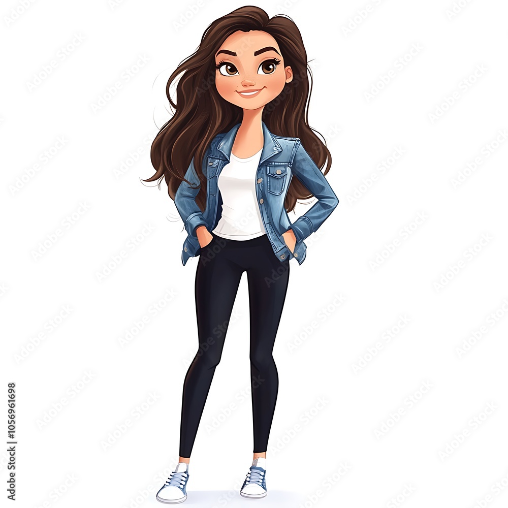 Cartoon girl with a confident look in a varsity jacket and jeans on a ...