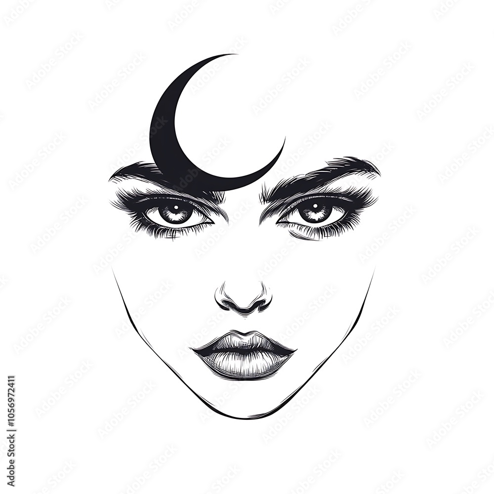 Cartoon face of a woman with a crescent moon tattoo and deep, soulful ...