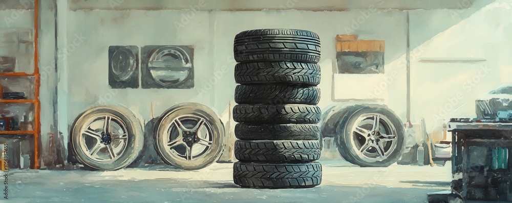 A stack of eight tires stands prominently in a garage, with additional ...