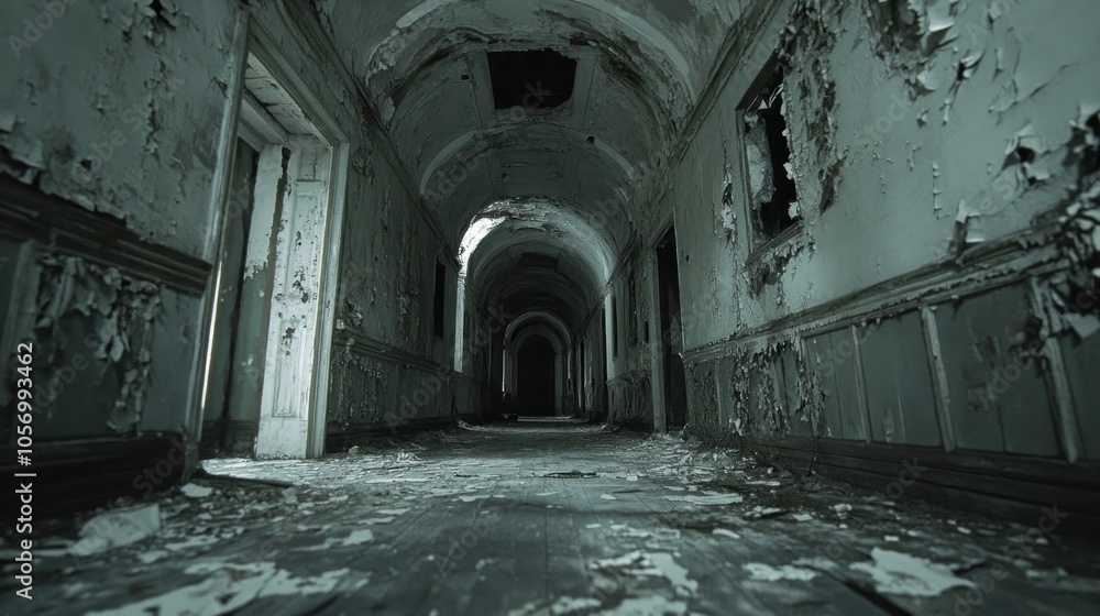 Eerie Nighttime Exploration of Abandoned Decaying Building Dark Hallway ...