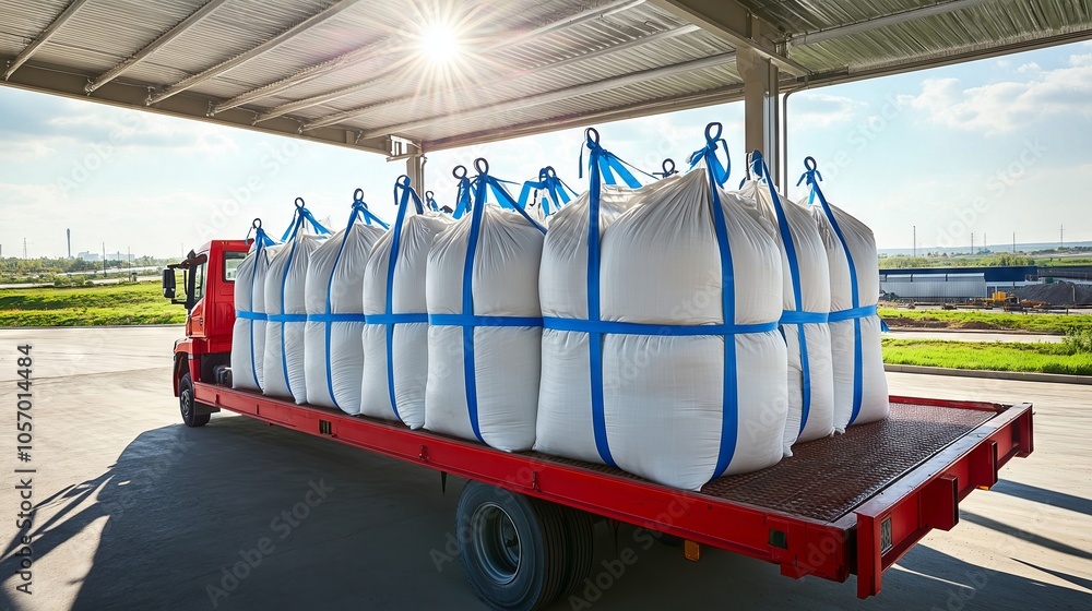 Red truck carrying big bags of bulk cargo under metal roof Stock Photo ...