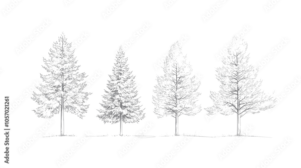 Architectural Drawings Minimal style cad tree line drawing set of green ...