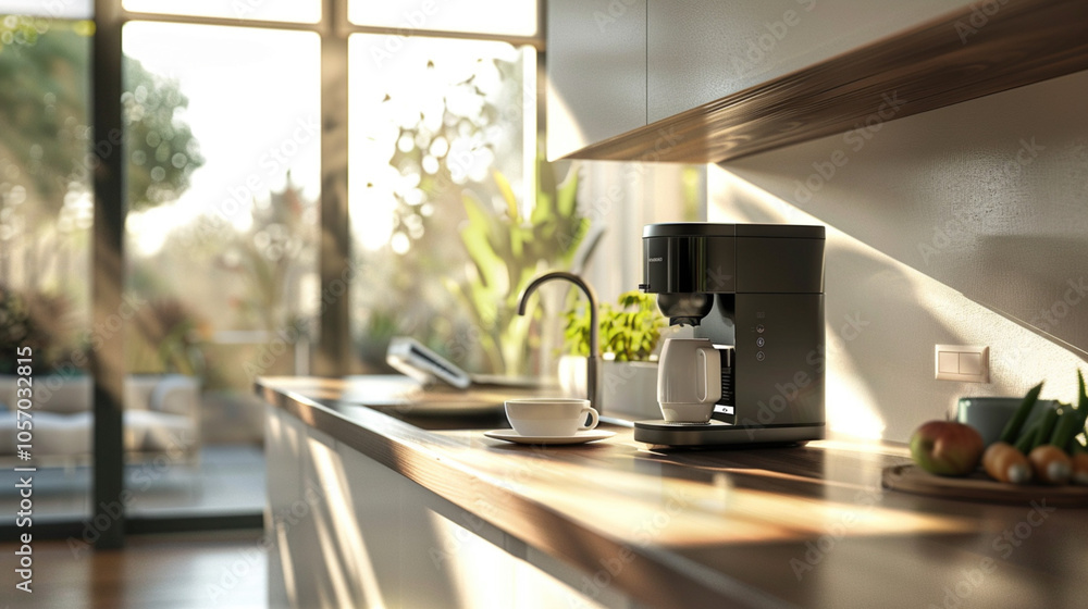 Modern technology. Smart coffee maker on a simple kitchen counter in a ...
